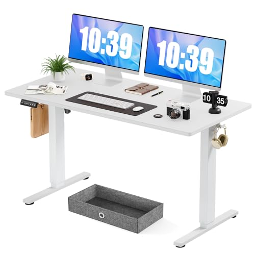 DUMOS Adjustable Height Electric Desk with Drawer,55 x 24 in Ergonomic Sit to Stand Up Computer Table with Splicing Board, Wire Hole and Hook for Workstation for Home, Office, White