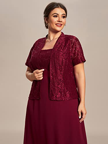 Ever-Pretty Plus Women's Curve Square Neck Lace Cardigan Chiffon Knee Length Plus Size Evening Dress Burgundy US22