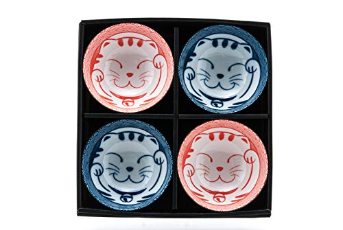 Fuji Merchandise Japanese Porcelain Multi Purpose 4.5" Diameter Bowl Set of 4 Maneki Neko Lucky Cat Meow Gift Set Made In Japan