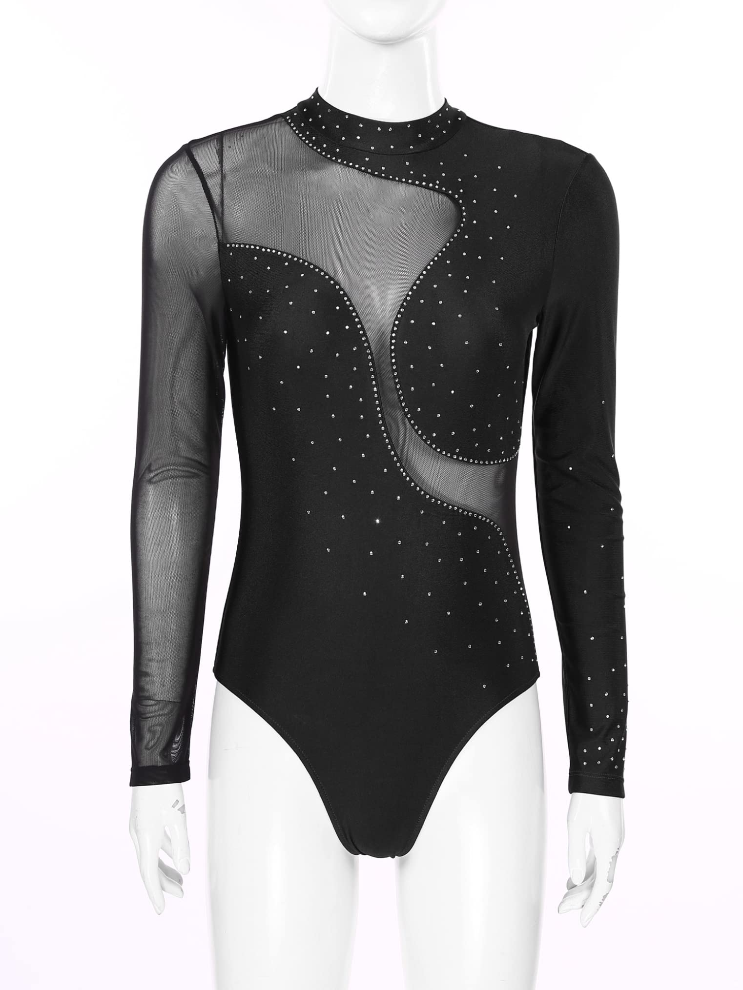 Freebily Womens Sheer Mesh Long Sleeve Bodysuit Sequined Mock Neck Tassel Leotards Dancewear Black XX-Large