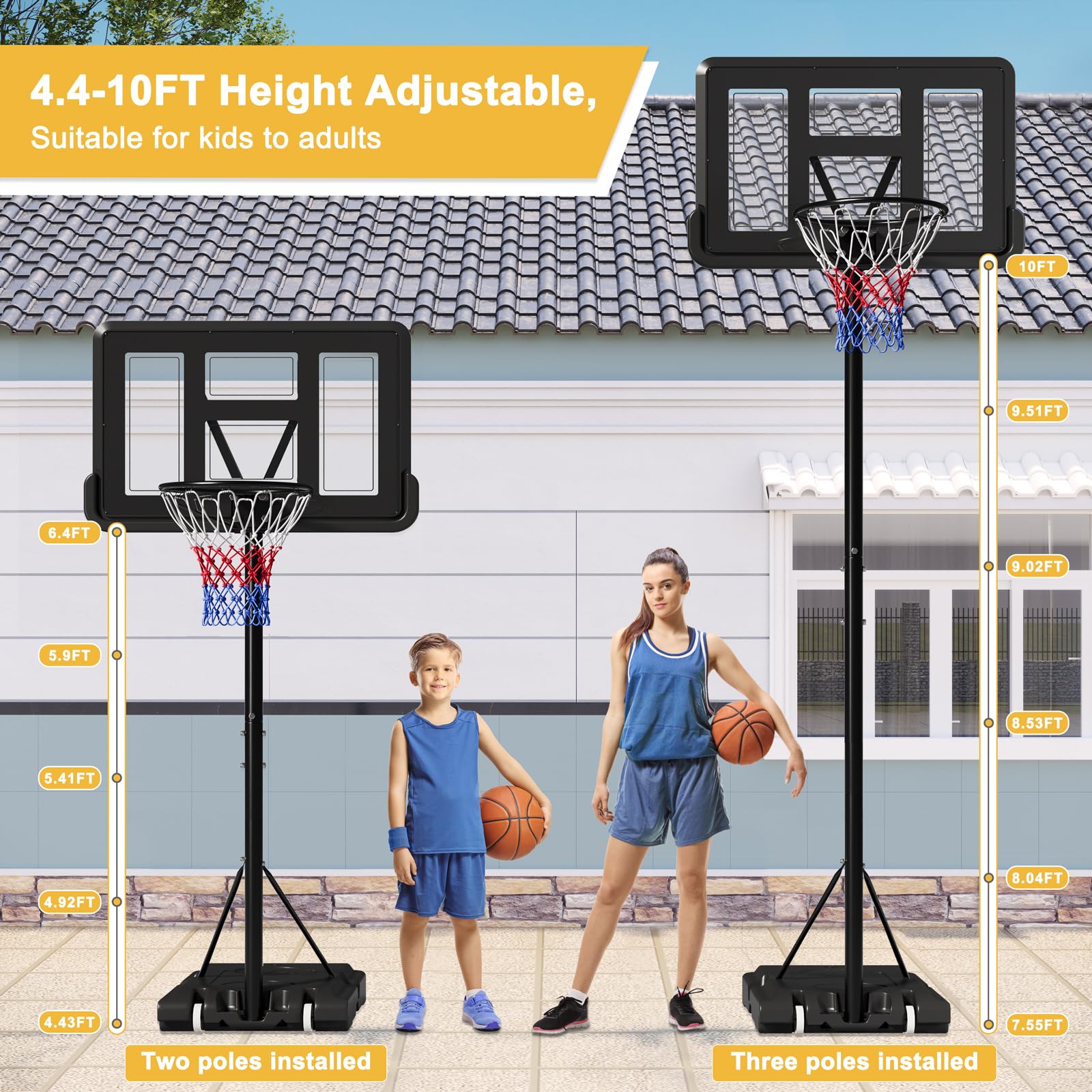 Dripex Basketball Hoop Outdoor 10FT Adjustable Height Goal, Portable Basketball System with 44β Shatterproof Backboard for Adults Teenagers Kids