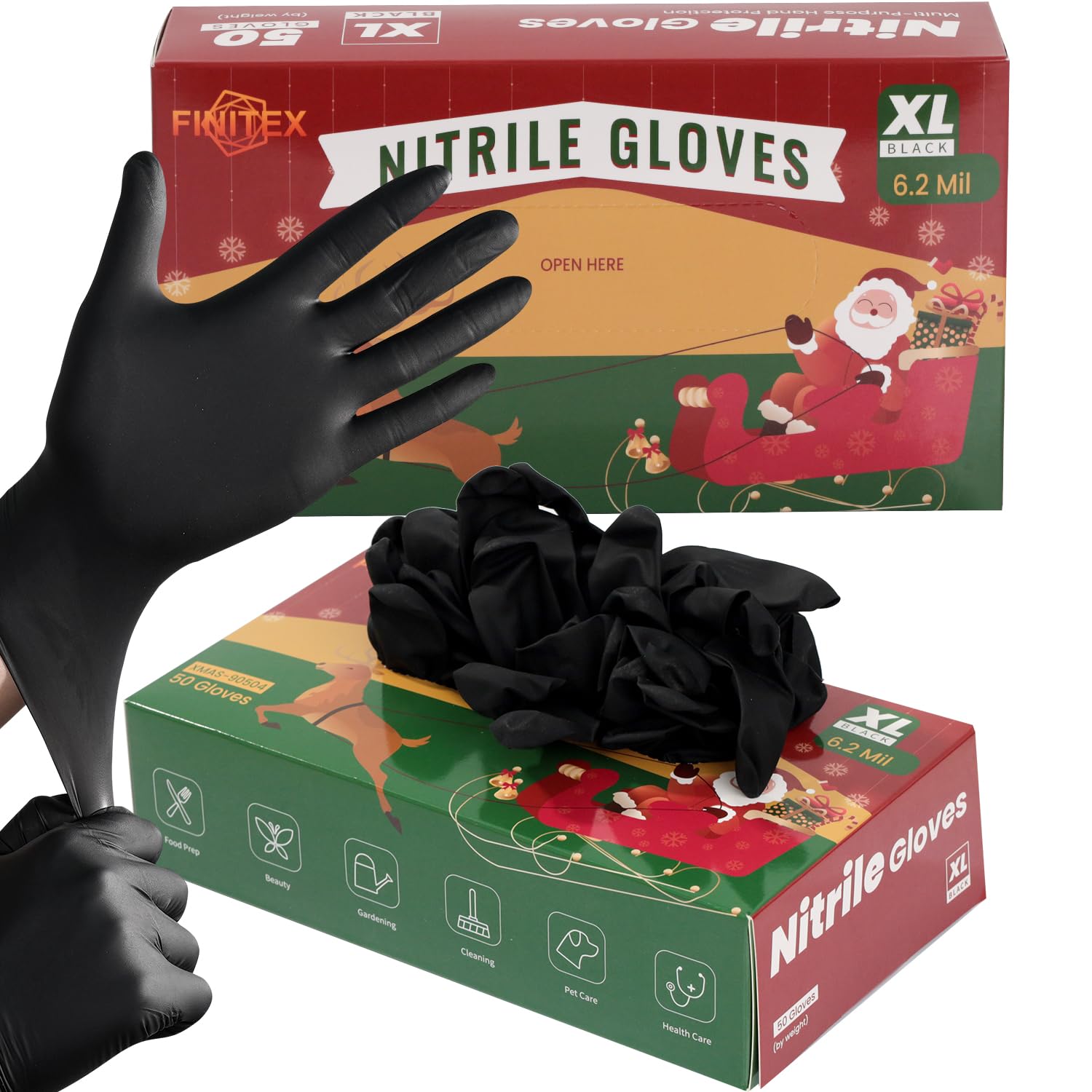 FINITEX Black Nitrile Disposable Latex Free Gloves - 6.2mil 50PCS Powder Free Gloves Christmas Cleaning Medical Exam Food Gloves (X-Large)