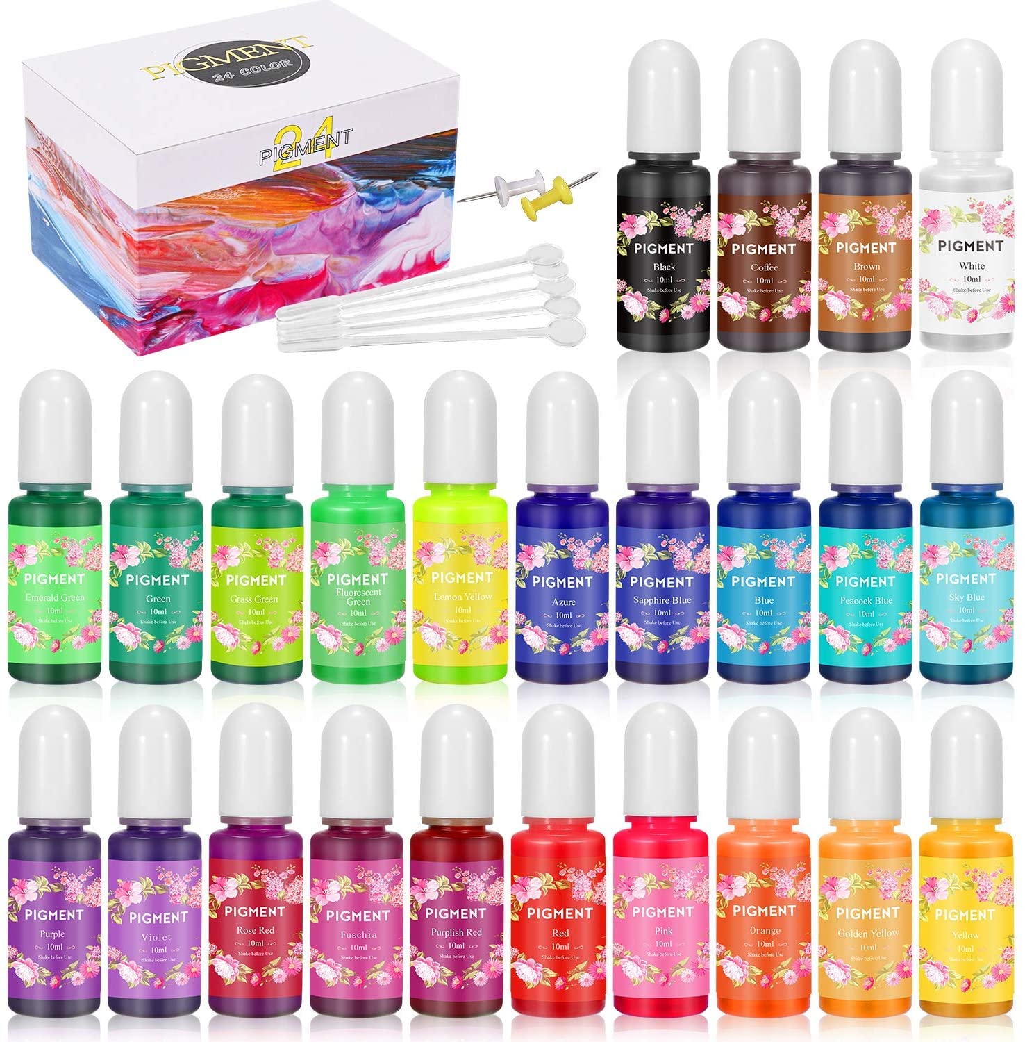 Epoxy Resin Pigment, Emooqi 24 Colors Liquid Epoxy Resin Dye Translucent Resin Colorant for Epoxy Resin Coloring, Paint, DIY Crafts Art Making