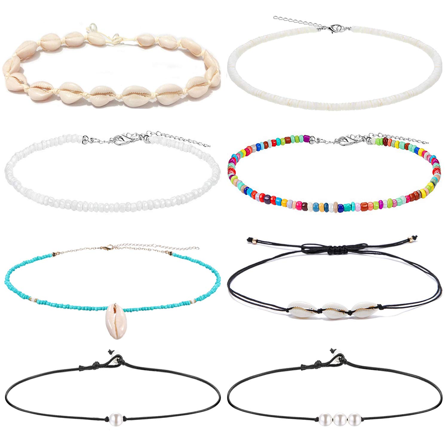 FUNEIA 8PCS Shell Choker Necklaces for Women Puka Shell Necklace Pearl Necklace Bohemian Beaded Necklaces Set Adjustable