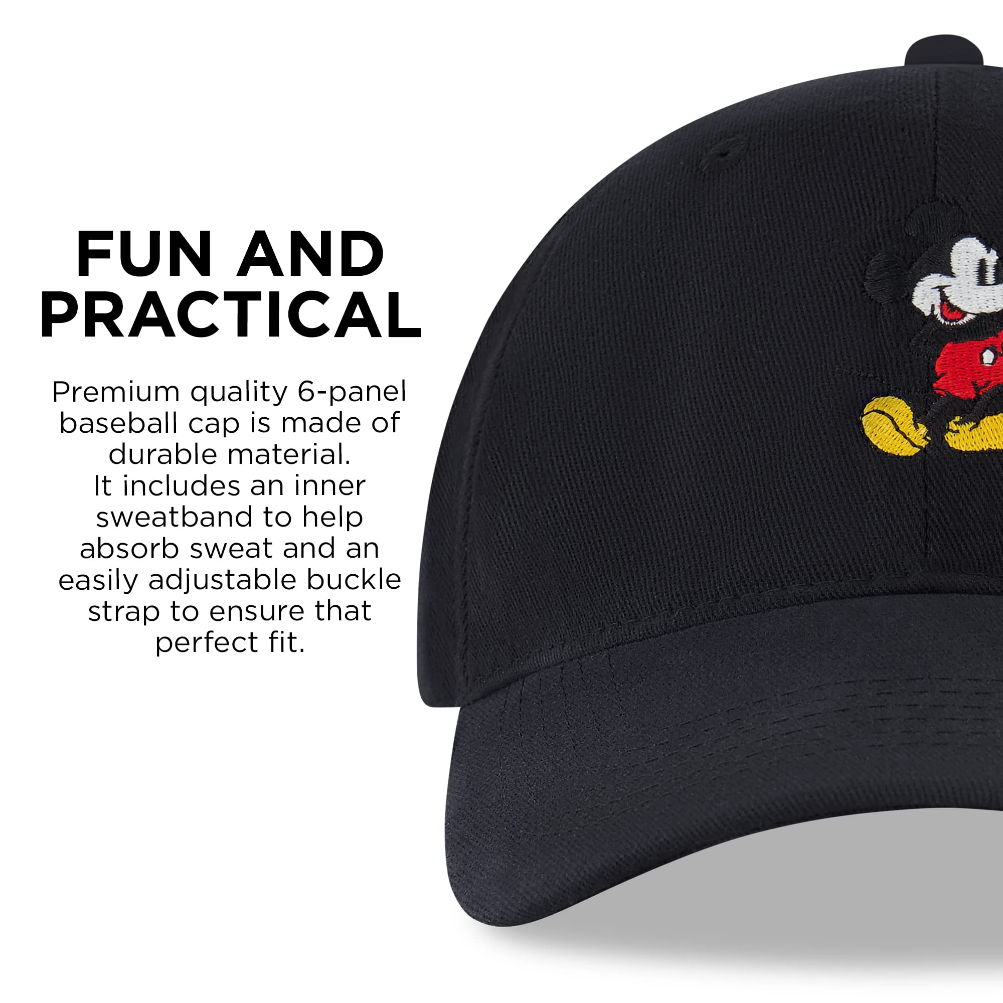 Disney Men's Baseball Cap, Mickey Mouse Adjustable Hat for Adult, Black, One Size