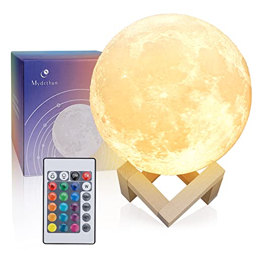 Mydethun 16 Colors Moon Lamp - Home Décor, Party Light with Brightness Control, LED Night Light, Bedroom, Living Room, Meditation, Birthday Gift, with Remote Control and Wooden Base, 4.7"