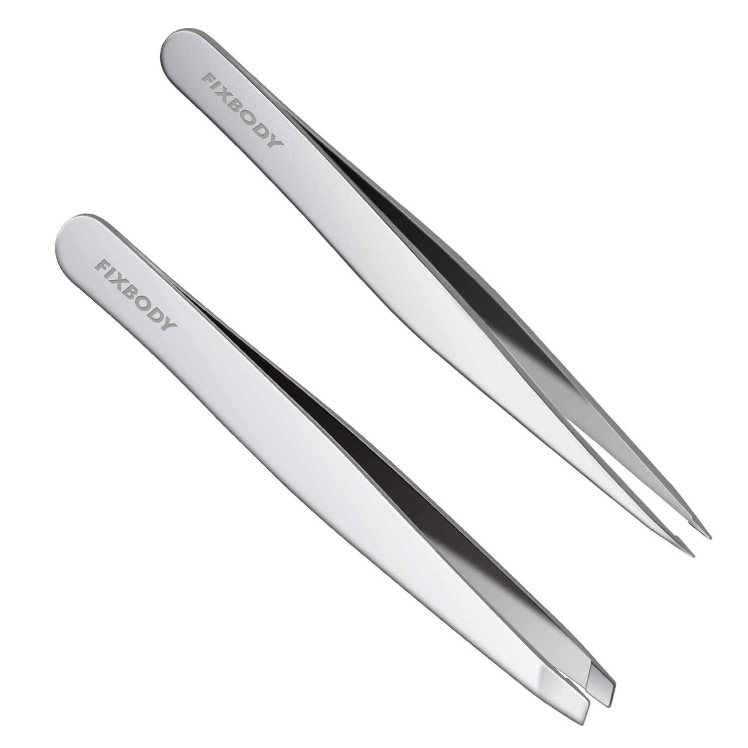 FIXBODY Stainless Steel Eyebrows Plucking Tweezers, Precision Slant and Pointed Eyebrows Tweezer Set for Ingrown Hair, Silver