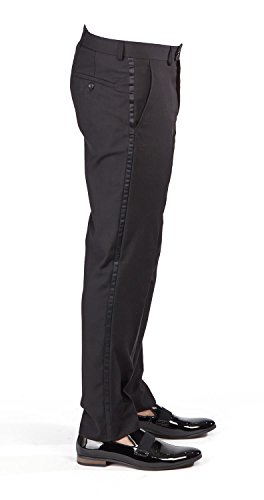 Slim Fit Tuxedo Pants Flat Front No Pleats Black Side Satin Line AZAR (34 Waist 32 Length, Black Pants)
