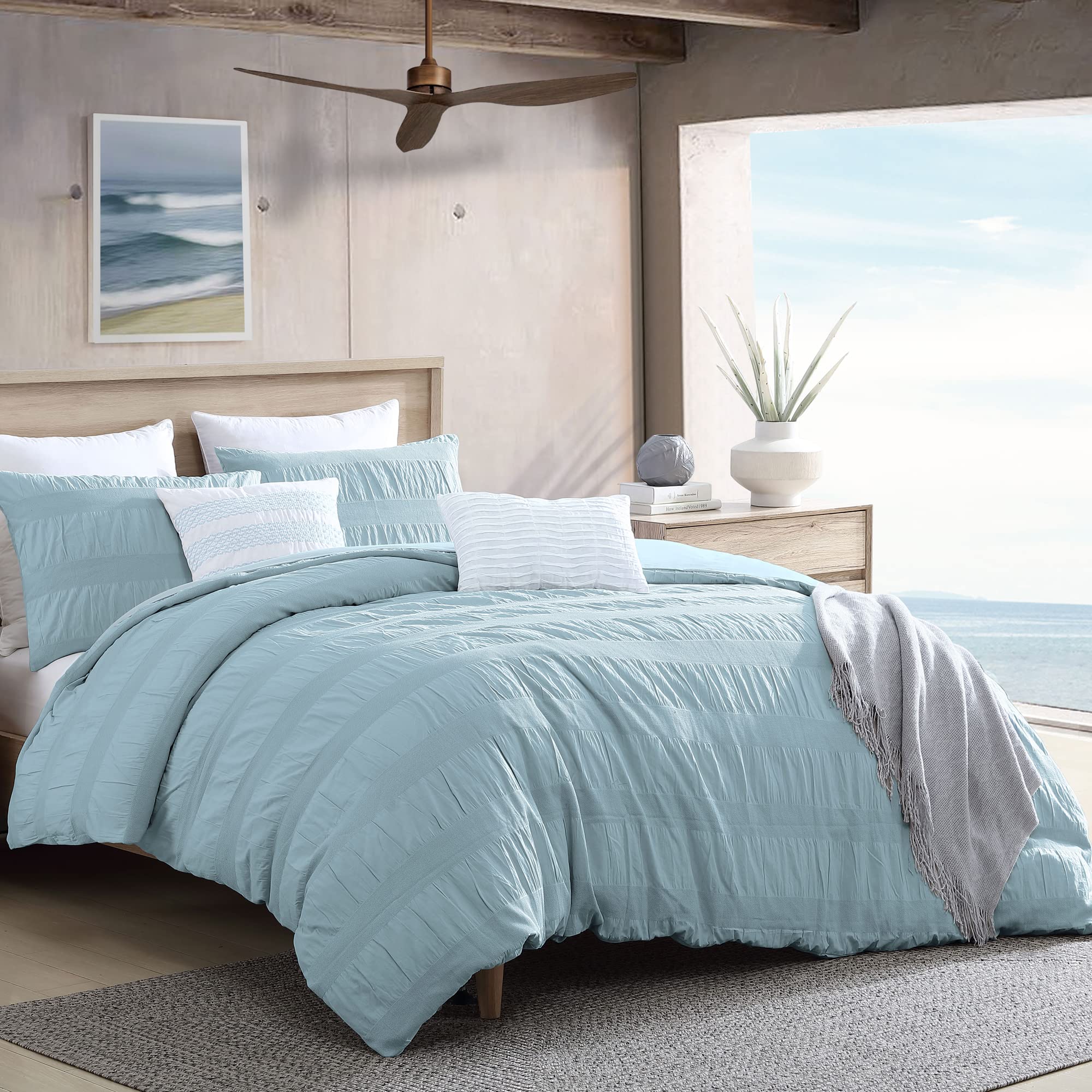 Swift Home Moselle 100% Cotton Ruched & Waffle Weave Bedding Duvet Cover Set, All Season & Breathable, Oeko-TEX Certified – White, Full/Queen (Comforter NOT Included)