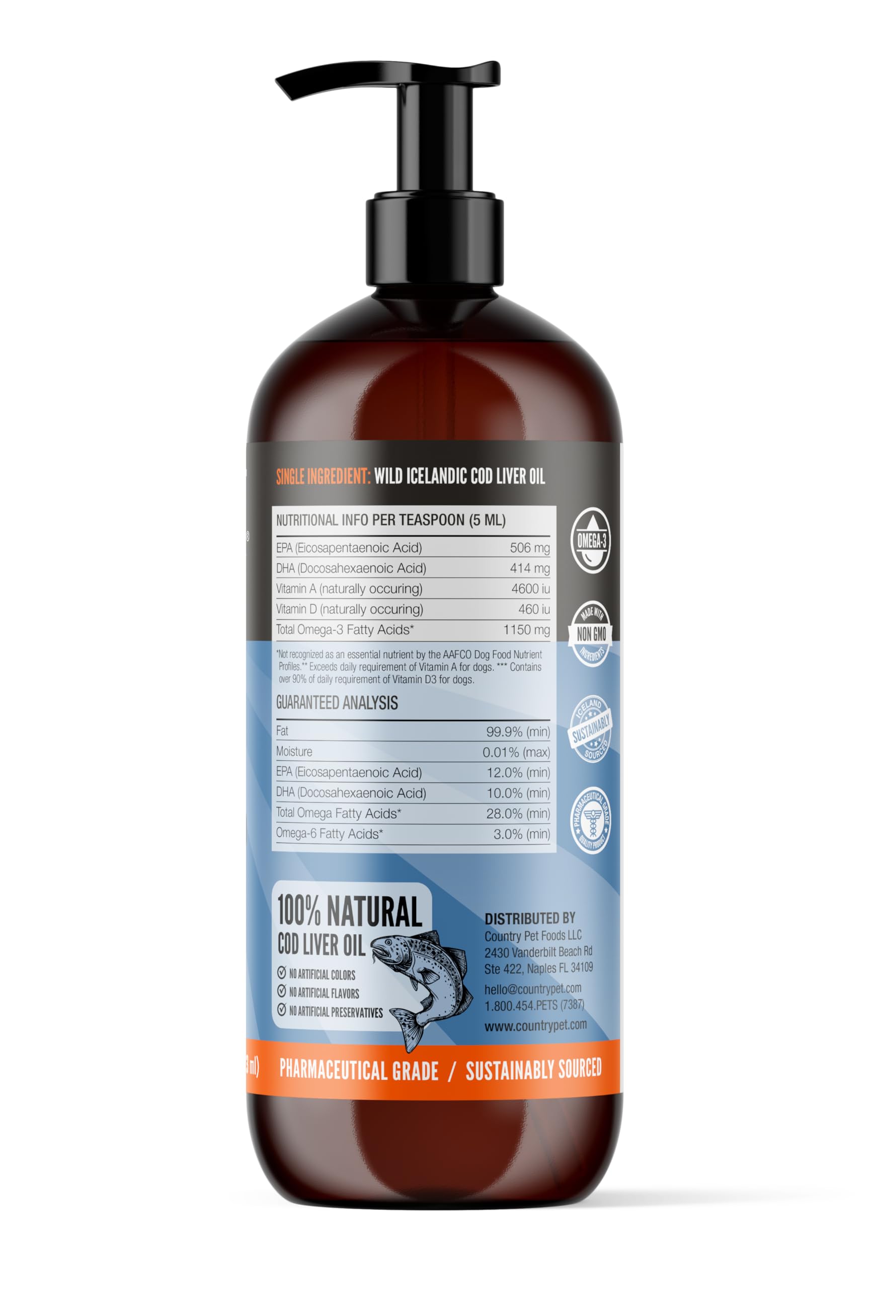 Wild Caught Pure Cod Liver Oil 16oz Highest Omega 3 1150mg/tsp, Highest Purity, High EPA/DHA, Vitamin A & D - Reduces Itching, Healthy Skin & Coat, Mobility, BPA-Free, Pump incl.