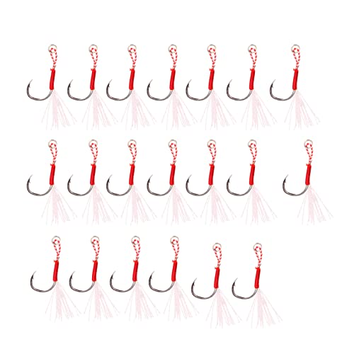 GIUIN 20Pack Fishing Assist Hooks,Carbon Steel Jigging Assist Fishing Hooks with Thread Feather Single Jig Head Fishing Tackle