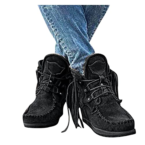 FASDNENDYS Boots Shoes Tassel Round Retro Toe Ankle Leather Casual for Women Faux Boots Tan Fringe Boots
