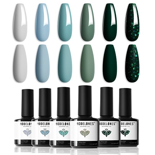 modelones Blue Green Gel Nail Polish Set - 6 Colors Misty Gray Dark Green Glitter Gel Polish Kit Sage Green Baby Blue Nail Gel Polish Soak Off LED Nail Lamp Gel Nail Kit DIY Home Nails Manicure Gifts