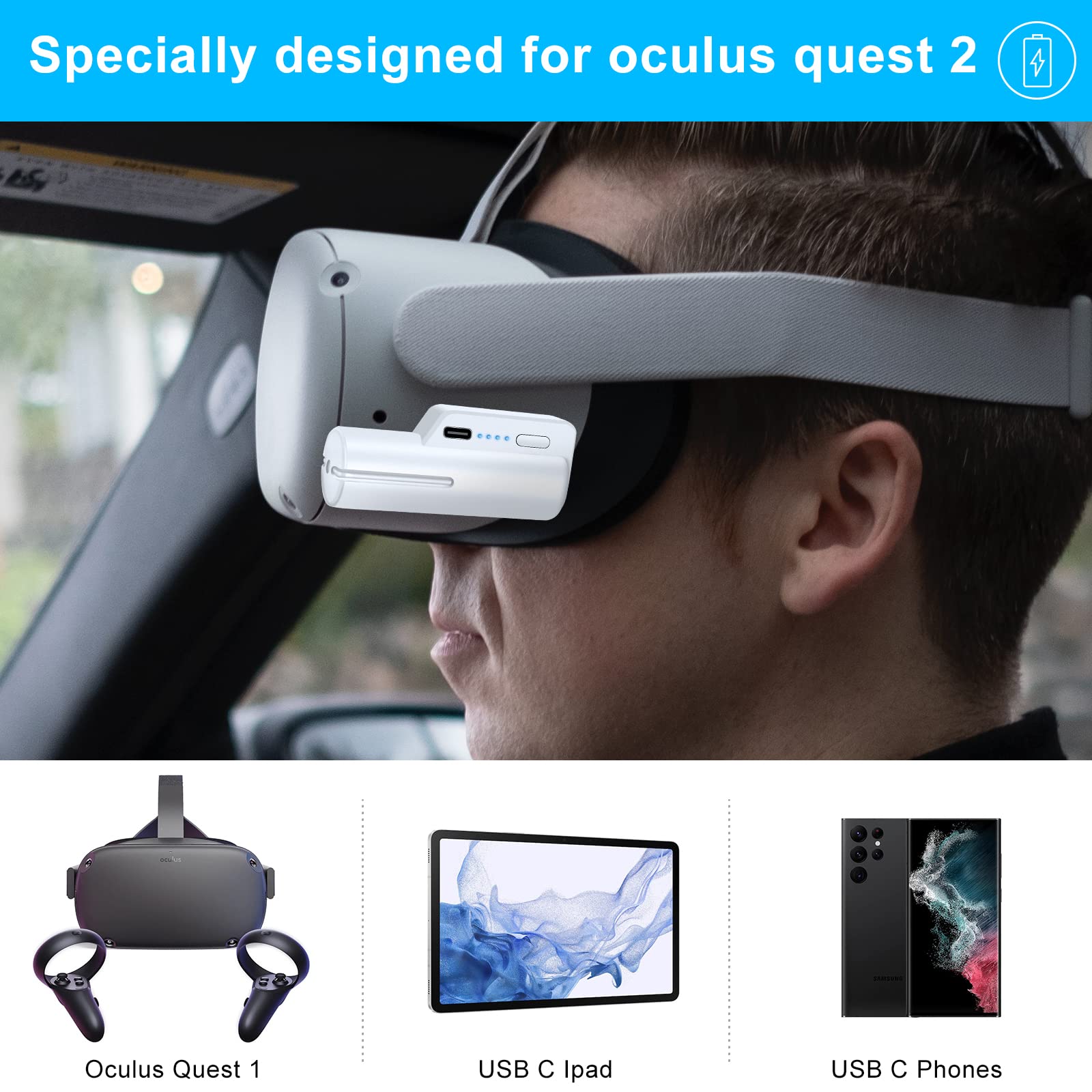 Famido Battery Pack for Quest 2, 5000mAh Head Strap Battery Pack Compatible with Oculus/Meta Quest 2 and Quest, Lightweight and Portable VR Extend Power Accessories for Extra 2-4H Playtime