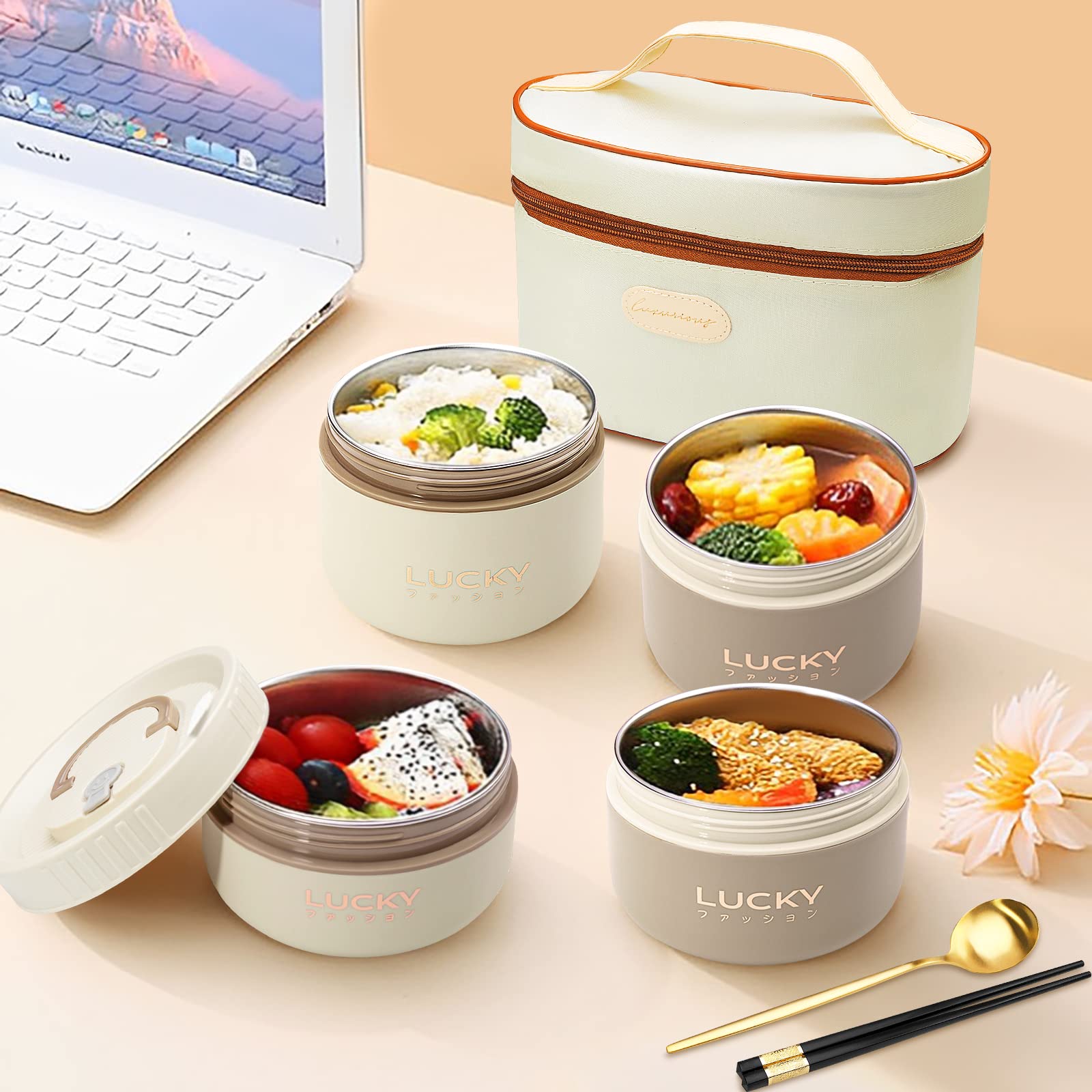 LANSKYWARE Portable Insulated Lunch Container set, Bento Box Adult Lunch Box Set with Insulated Lunch Bag, 4 Separate Stackable Thermal Food Lunch Container for Adult, Brown