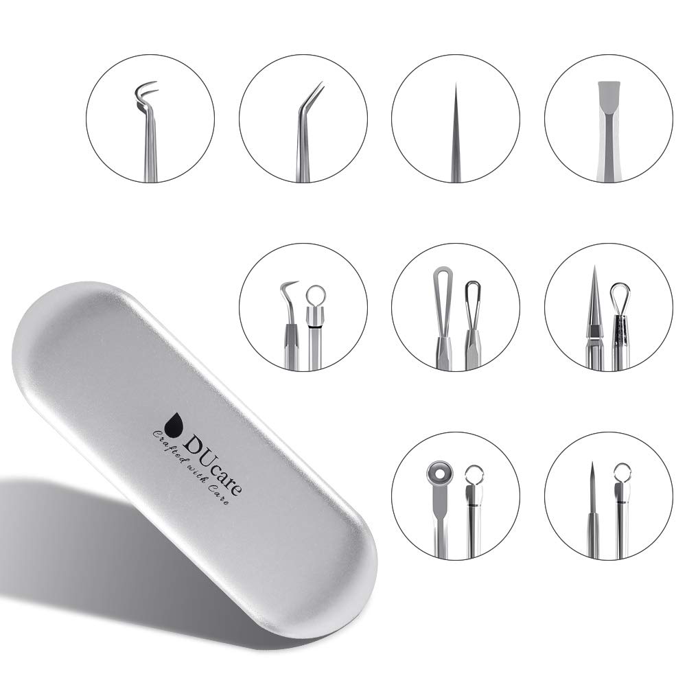 DUcare Blackhead Remover Tools 9 Pcs Pimple Popper Tool Kit with Metal Case for Pimples, Blackheads, Zit Removing, Forehead