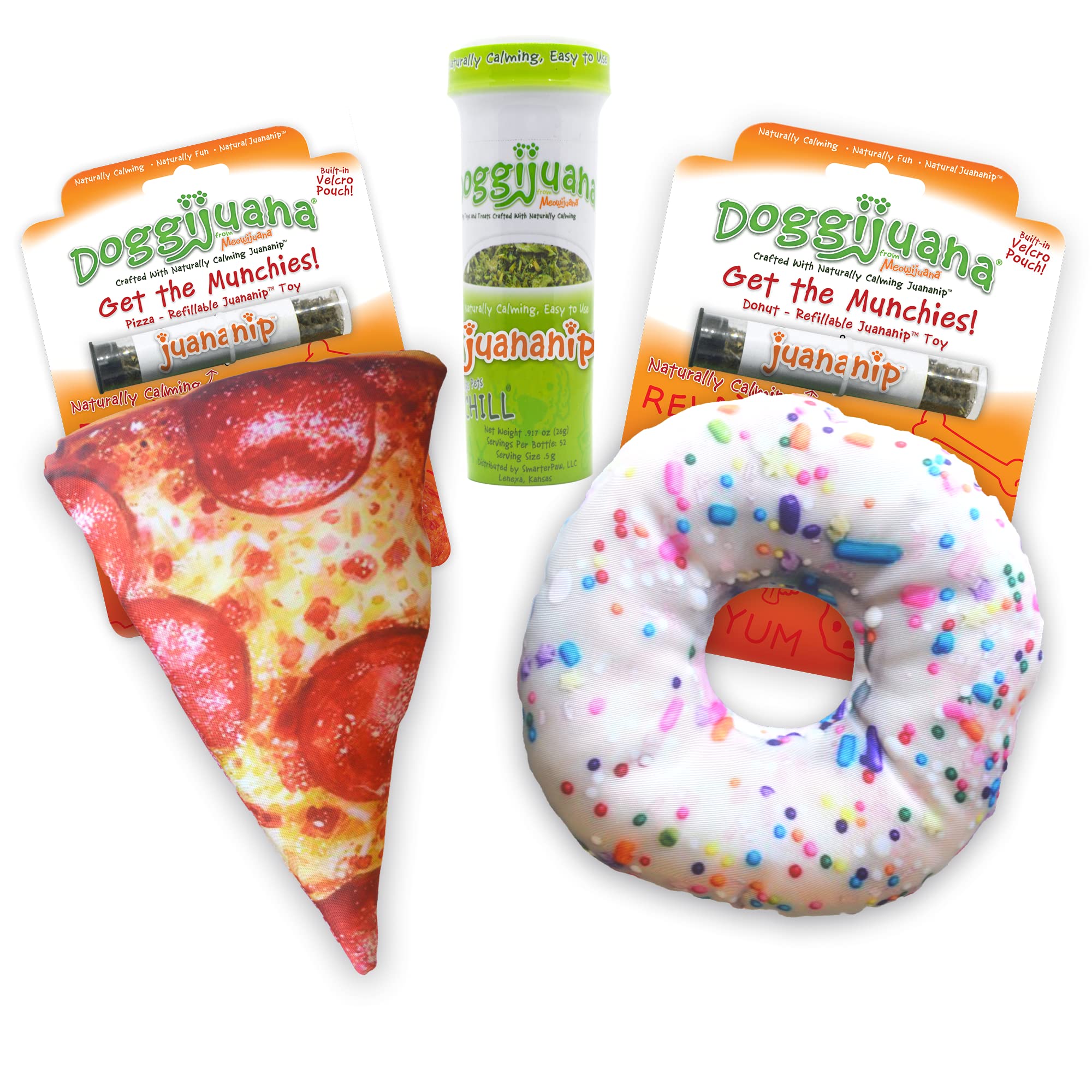 Doggijuana Bundle - Interactive Dog Toy with Juananip Refill - Includes Refillable Plush Catnip Dog Toy & Organic Catnip Refill for Natural Calming - Engaging and Relaxing Pet Play (Pizza/Donut)