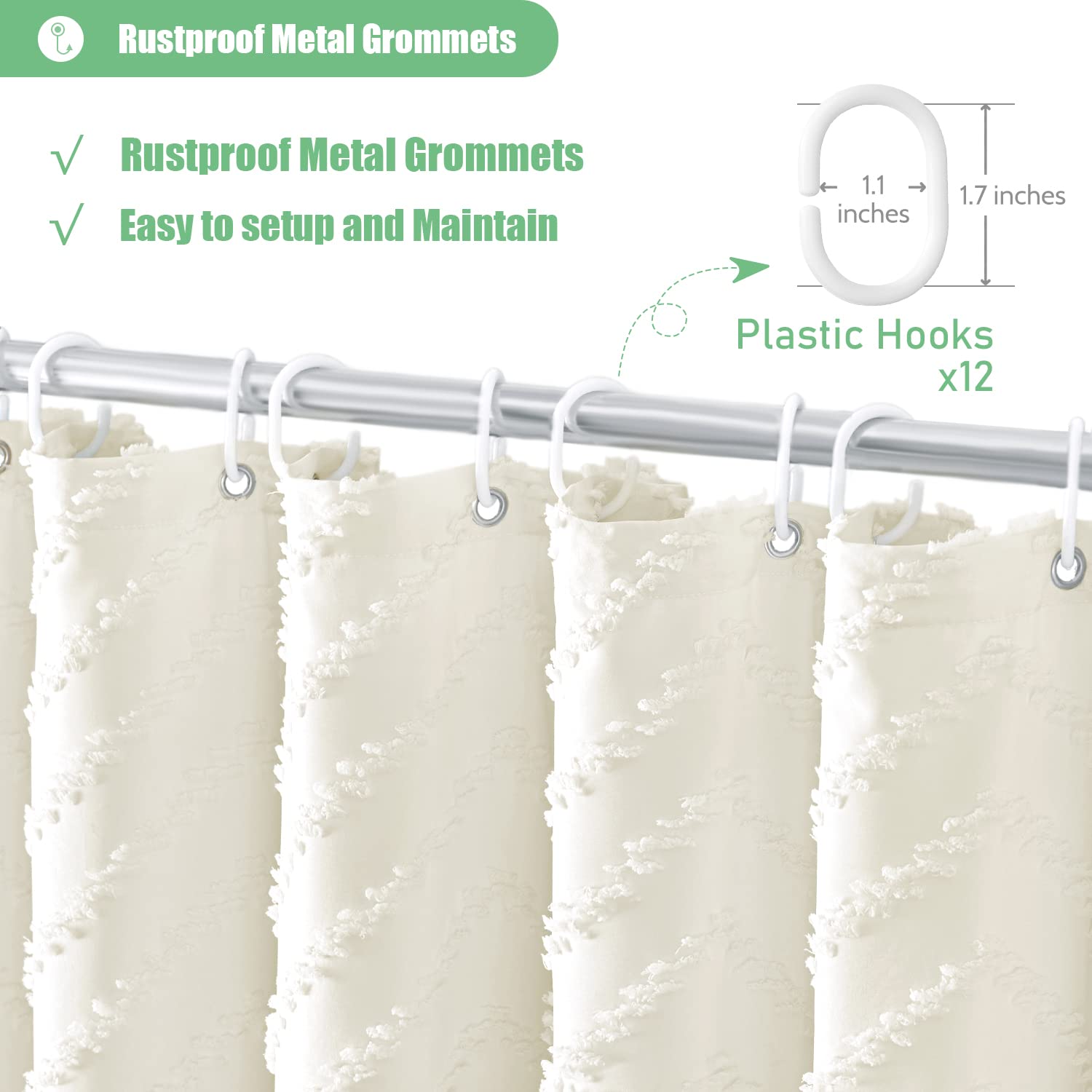 Dynamene Boho Farmhouse Shower Curtain, Cream Fabric Tufted Chevron Striped Textured Tassel Shower Curtains for Bathroom, Water Repellent, Minimalist Ruffled Cloth Shower Curtain Set with Hook, 72x72