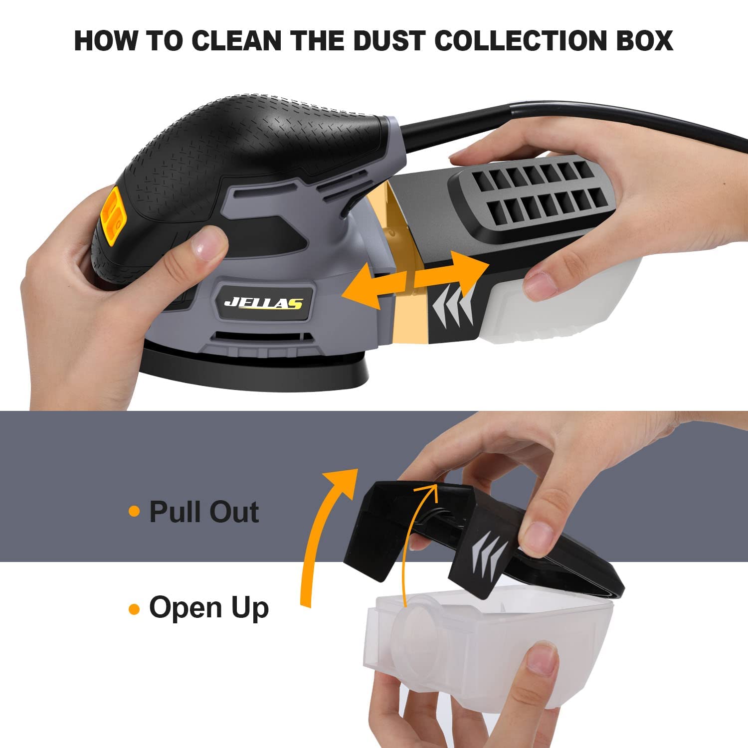 JELLAS Electric Detail Sander, 220W Compact Sander Machine for Wood, 13,000 RPM Sanders with Dust Collection, 16PCS Sandpapers, Finger Sanding Attachment and Sanding Pad Included, MS220T