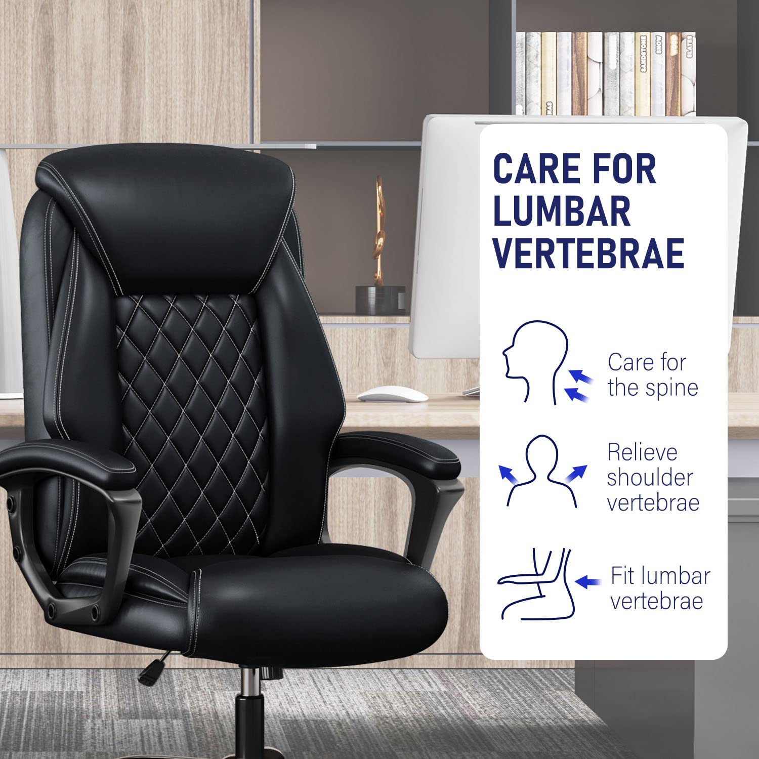 Ergonomic Office Chair High Back Home Office Desk Chair with Wheels Computer Chair with Lumbar Support PU Leather Executive Office Chair,Black