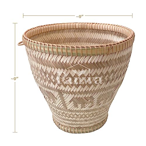 PANWA Handmade 100% Natural Traditional Thai Bamboo Wicker Sticky Rice Cooking Basket Lucky Elephant Weave with Large Size with 24x24 Inch Cheesecloth Wrap and Vintage Wooden Paddle