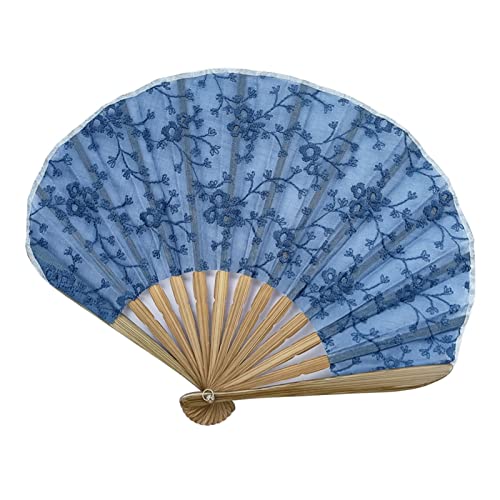 ERTUO Folding Fan Hand Fan lace Fan Retro Embroidery Folding Fan Blue