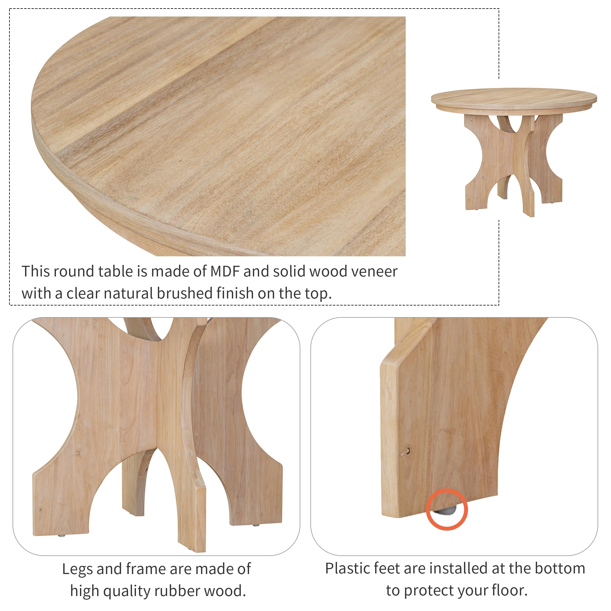 FIQHOME Kitchen Room Retro 5-Piece Set, 44' Round Dining Table with Curved Bench & 3 Upholstered Chairs and Special-Shaped Legs, 4-5 People,Natural Wood Wash