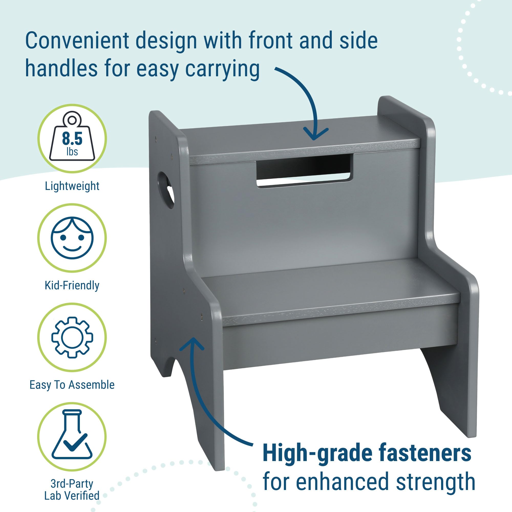 Wildkin Wooden Two-Step Stool for Kids and Adults, Perfect Kitchen Step Stool or Bathroom Potty Stool, Kids Stepping Stool Features Two Convenient Carrying Handles, Ideal for Home Use (Gray)