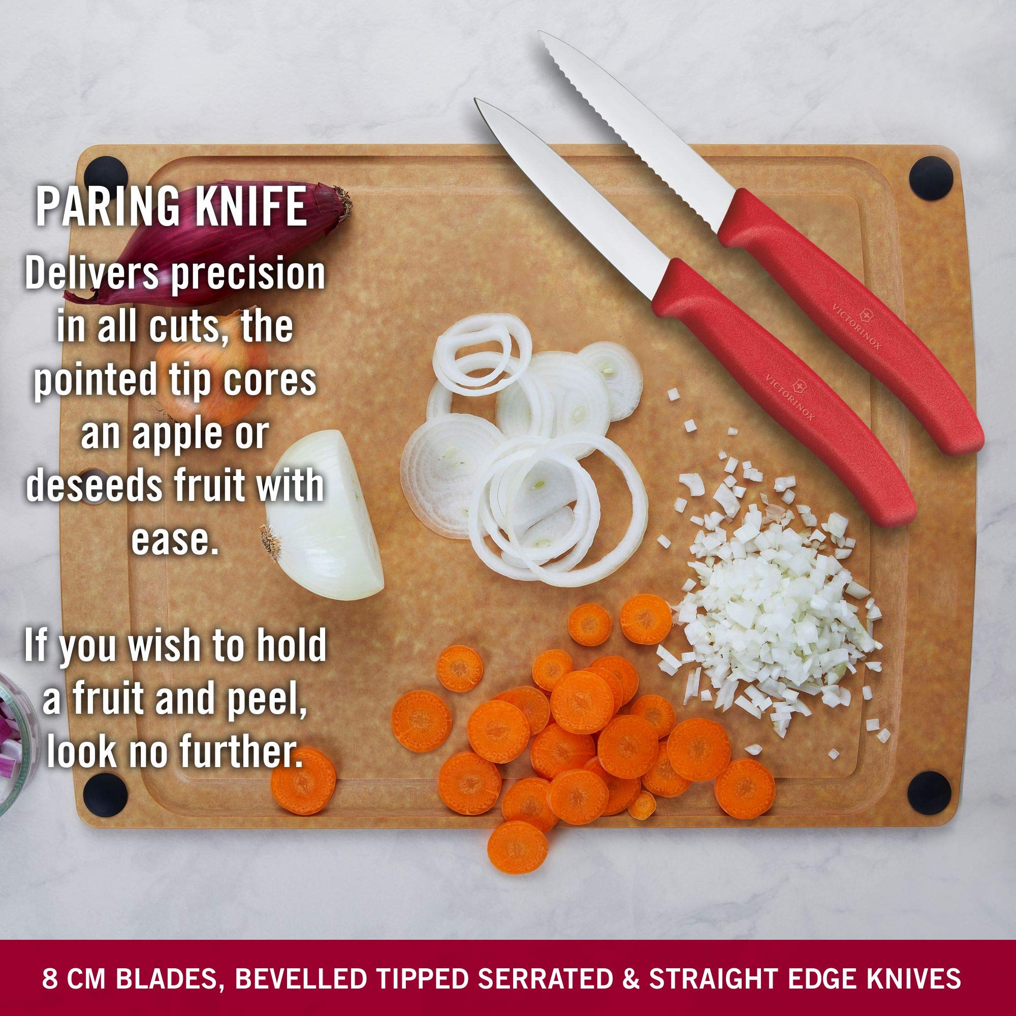 Victorinox Swiss Classic Paring Knife Set, Set of 3, Straight Edge, Extra Sharp, Robust Plastic Handle, Red