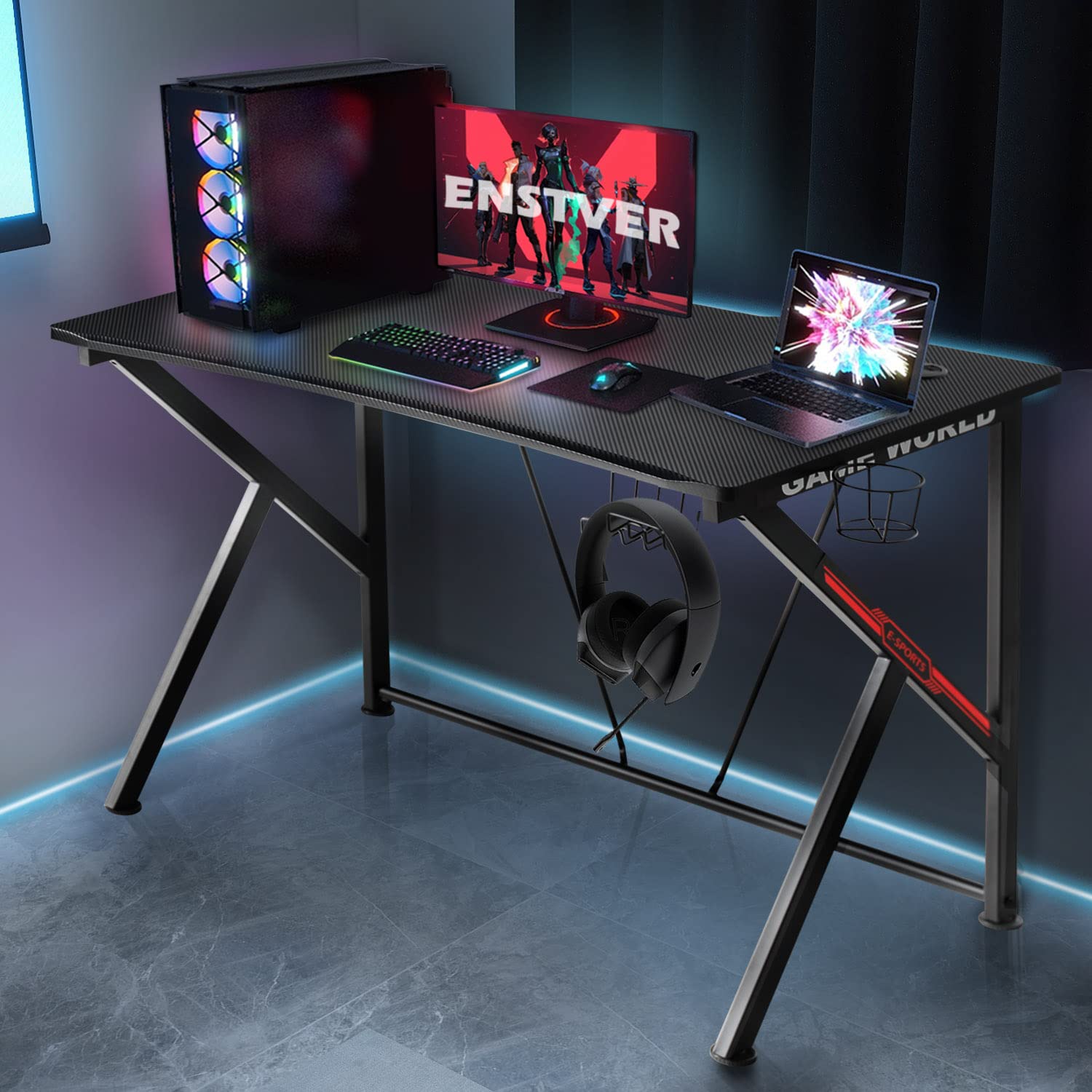 ENSTVER 42 Inch Black/Pink Home Office PC Computer Gaming Desk, K Shaped Gaming Workstation with PVC Surface for Gamer,Writing Desk Table with Cup Holder&Headphone Hook,Black