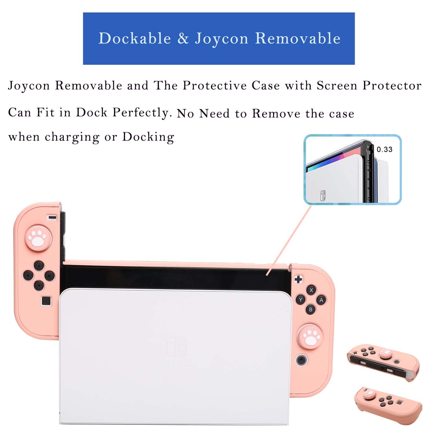GUTIAL Dockable Case for Nintendo Switch OLED Model 2021 - Cute Protective Cover Case for Nintendo Switch OLED 7 Inch and Joy-Con Controller with Screen Protector and Thumb Grips - Pink
