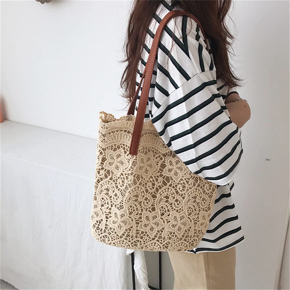Girl Boho Hollow Out Sandy Beach Summer Lace Shoulder Bag Woven Handbags Hand Crochet Crochet Flower Bag(black)