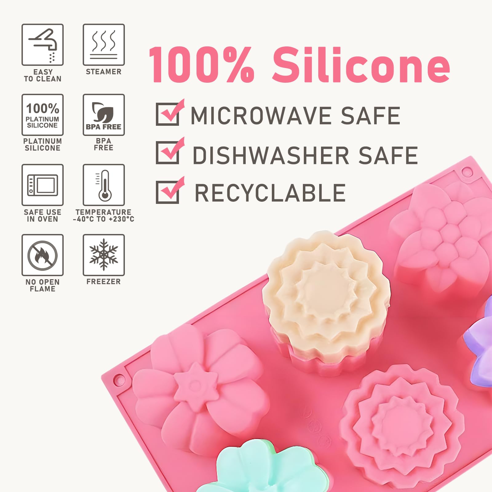 Silicone Soap Molds, Different Cavities Soap Mold with Different Shapes, Perfect for Soap Making, Handmade Cake Chocolate Desserts Biscuit Pudding Teacake Jelly (3 Pack - Flower)