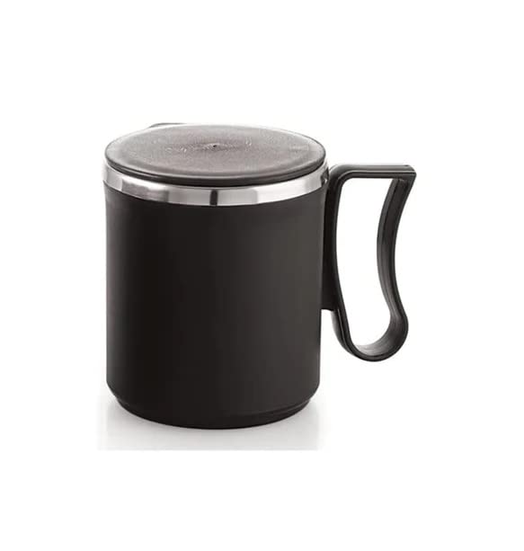 Dynore Stainless Steel Insulated 1 Pc Double Walled Plastic Covered Travel Tea/Coffee Mug with Lid- Black