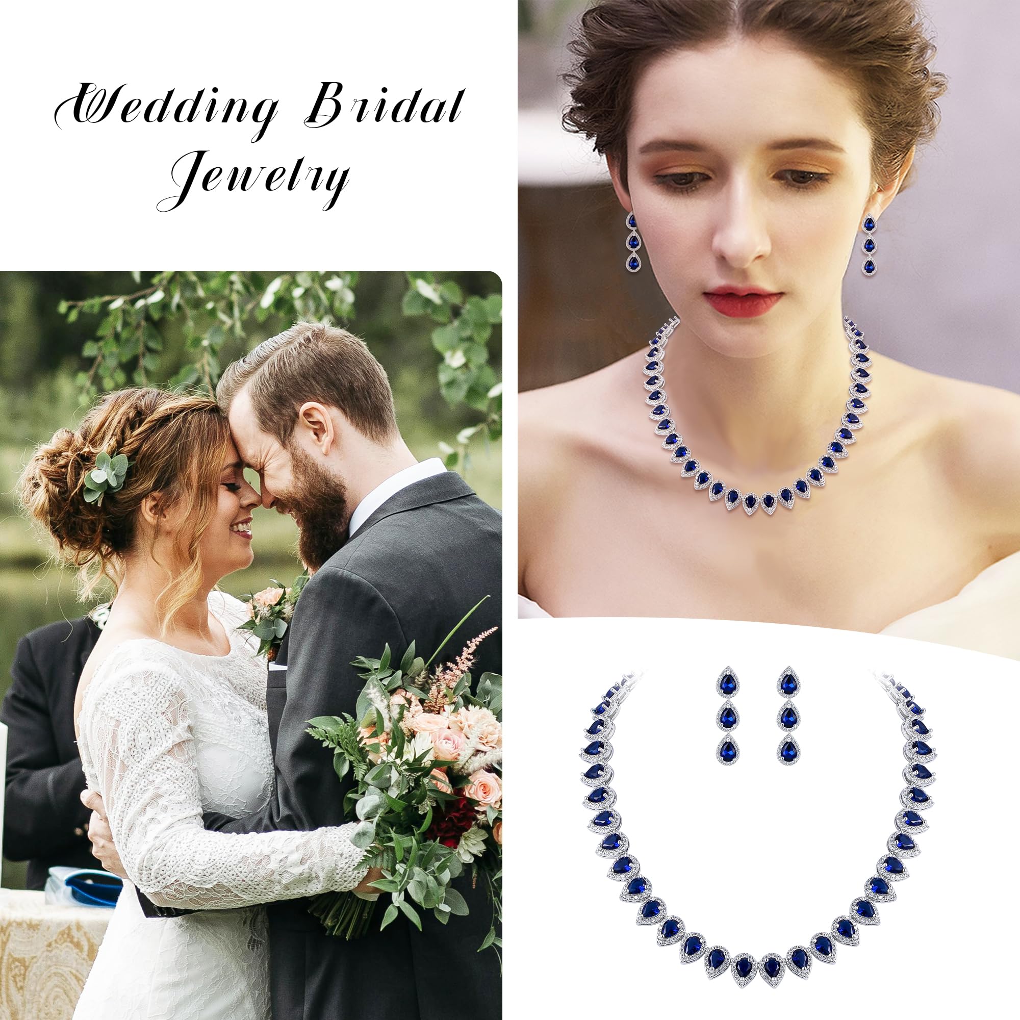 EleQueen Women's Silver-Tone Full Prong Cubic Zirconia Teardrop Bridal Necklace Earrings Set Sapphire Color