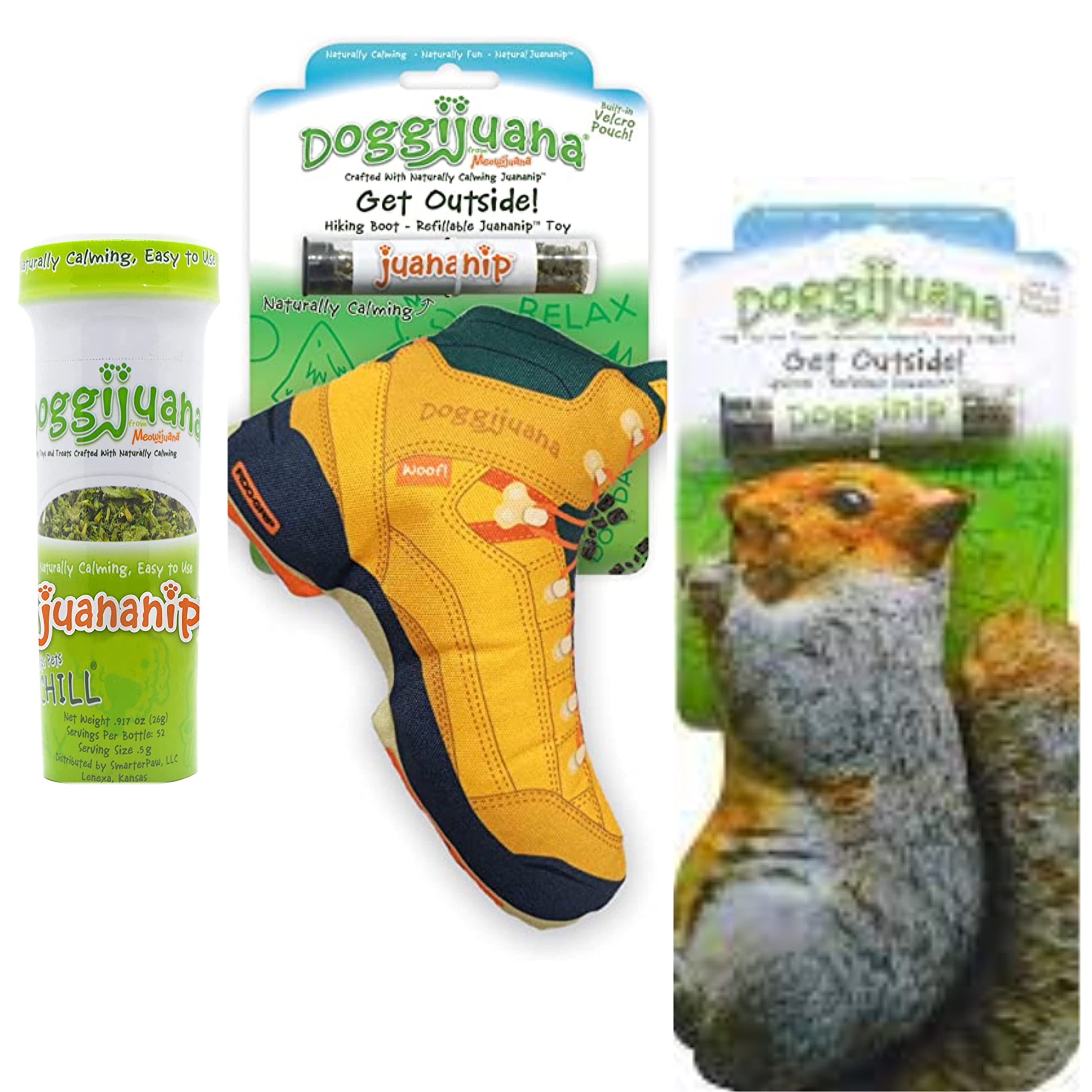 Doggijuana Get Outside Hiking Boot and Squirrel / Refillable Catnip Dog Toys / Refill Bottle / Promotes Play and Helps Your Dog Chill