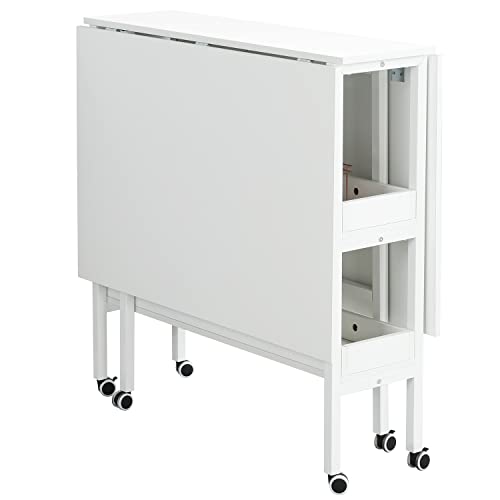 MELLCOM Home Hobby Craft Table with Storage Shelves, Mobile Folding Cutting Table for Large Fabric, Foldable Table for Home Office Sewing Room Craft Room, Fixed Height 35.5in