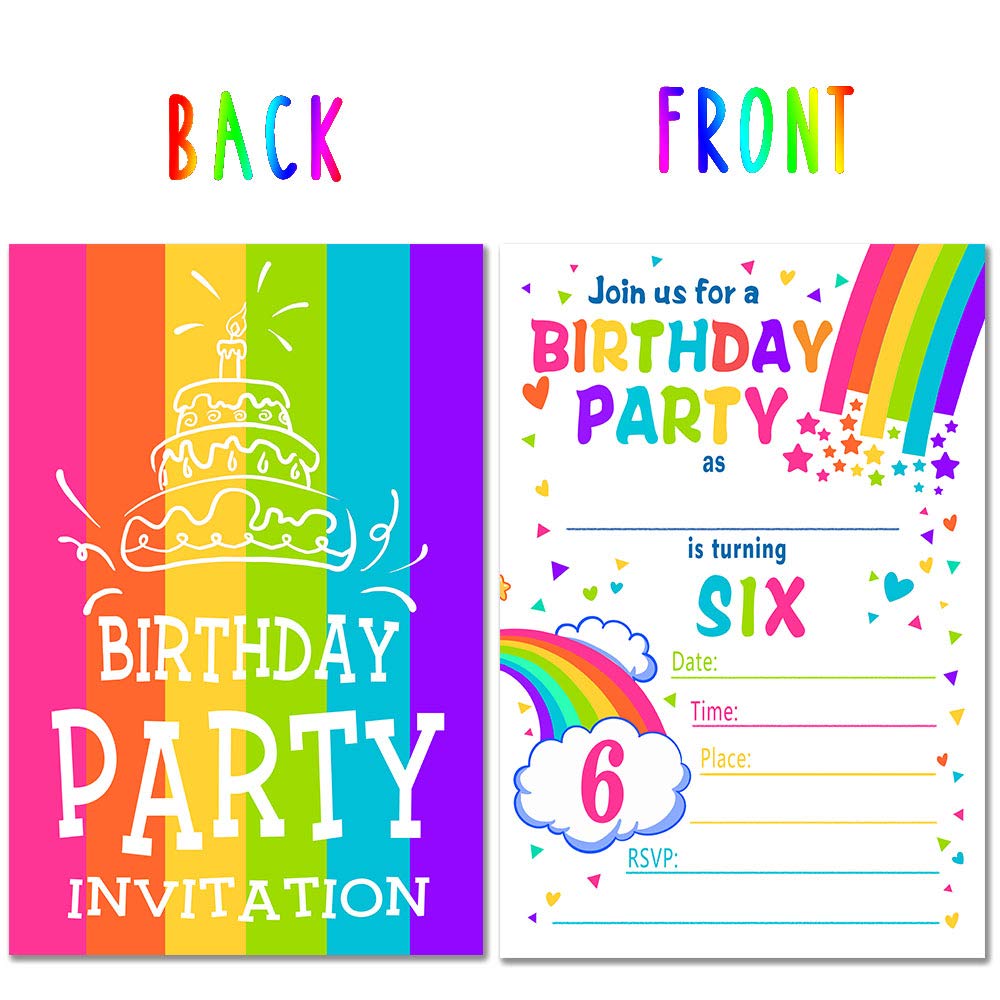 ukebobo Rainbow Happy Birthday Party Invitations for Child’s 6th Birthday Party – Colorful Invitation with Envelopes for Kids 6th Birthday Party – 20 Cards With Envelopes