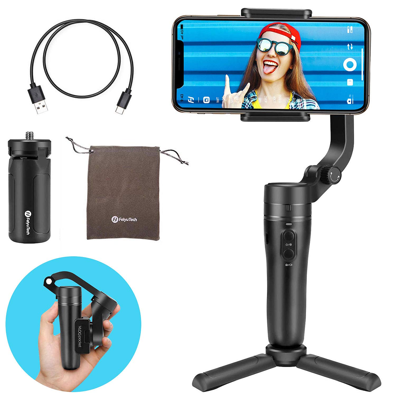 FeiyuTech VLOG Pocket Handheld Gimbal Stabilizer Foldable Pocket-Size 3-Axis with One Key Orientation Toggle Face/Object Tracking for iPhone 11 Pro Max and Smartphone (Black)