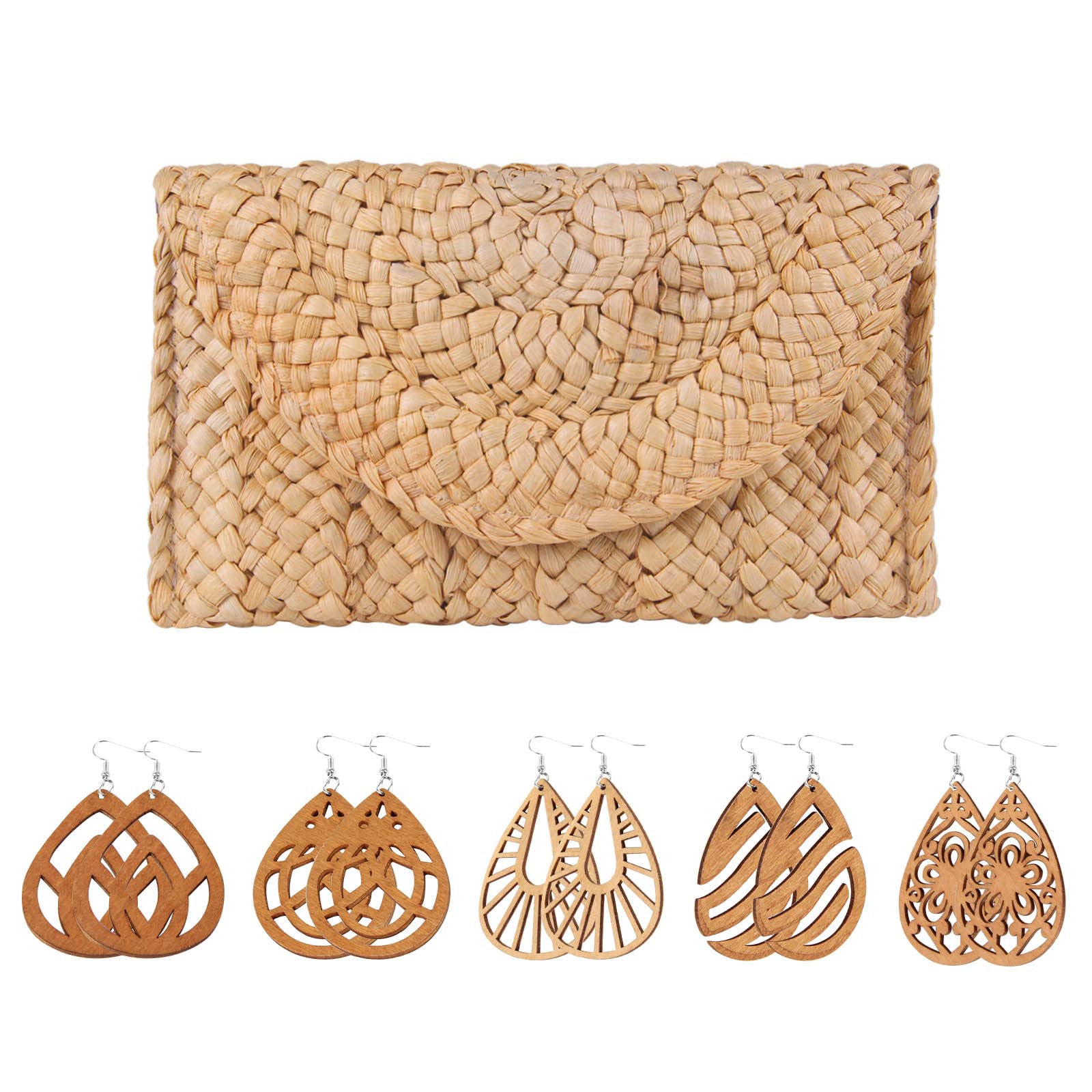 Freie Liebe Straw Clutch Bag for Women Summer Clutch Purses Beach Envelope Woven Handbags with 5PCS Earrings