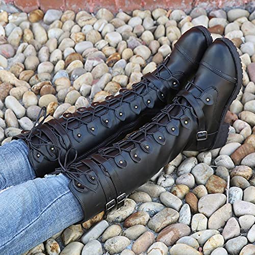FASDNENDYS Knee High Boots for Women Boots Buckle Toe Lace Decor Shoes Ladies Squared Large Calf Knee Boots Black