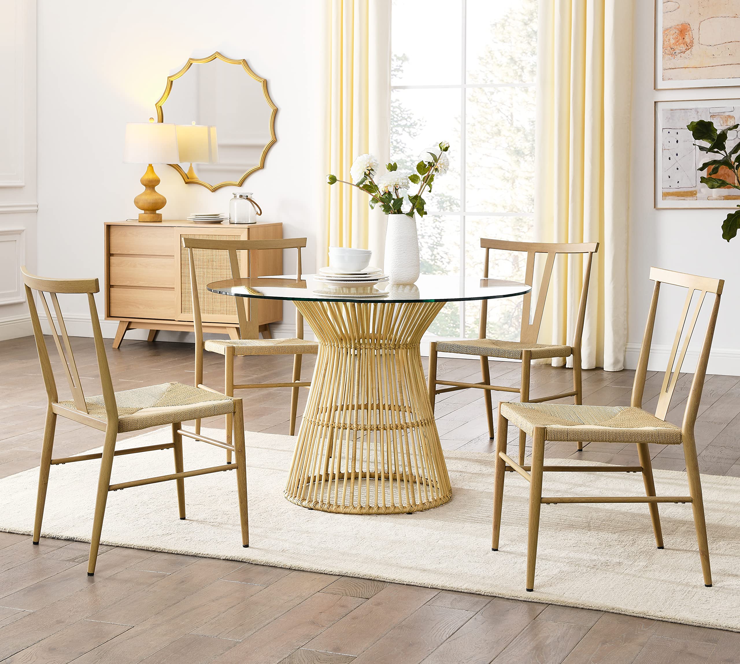 Melpomene 5 Pieces Rattan Wicker Dining Table Set with 44" Round Table Glass Top and Four Chairs,for Kitchen, Living Room and Dining Room