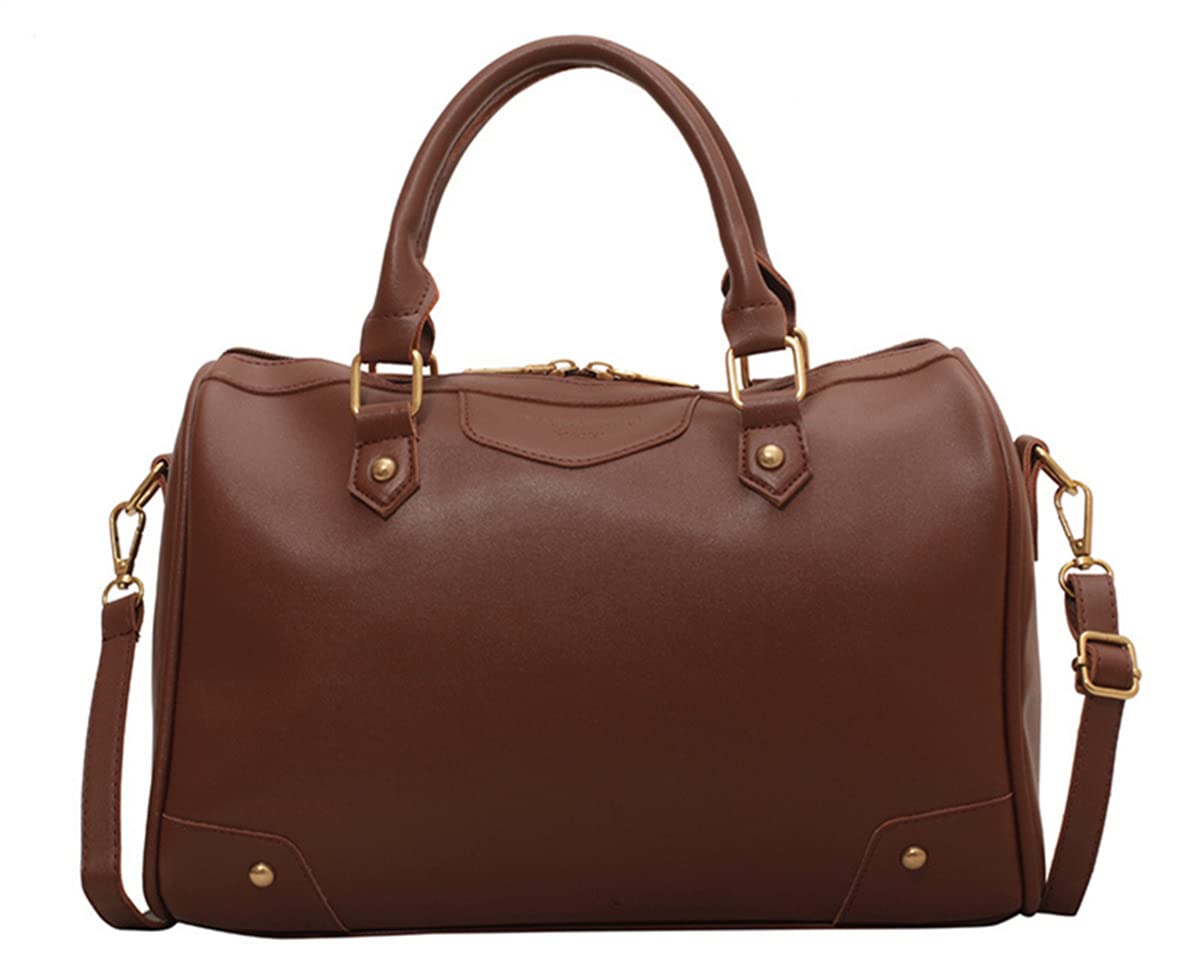 HANDAFA Boston Bag Zip Tote Handbag Vintage Shoulder Handbag With Adjustable Strap For Women(Brown)