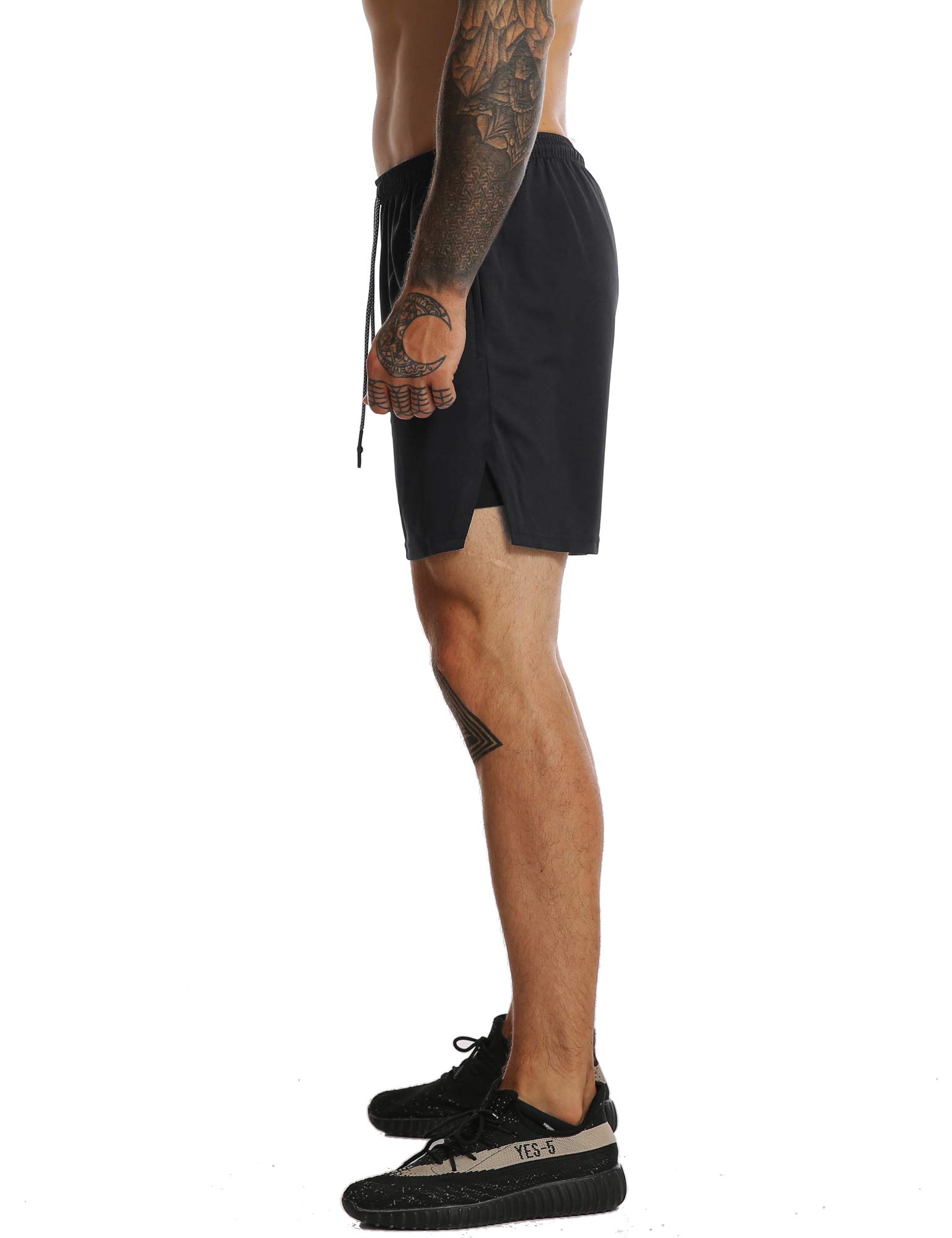 FLYFIREFLY Men's 2-in-1 Workout Running Shorts 7" Lightweight Gym Yoga Training Sport Short Pants Black