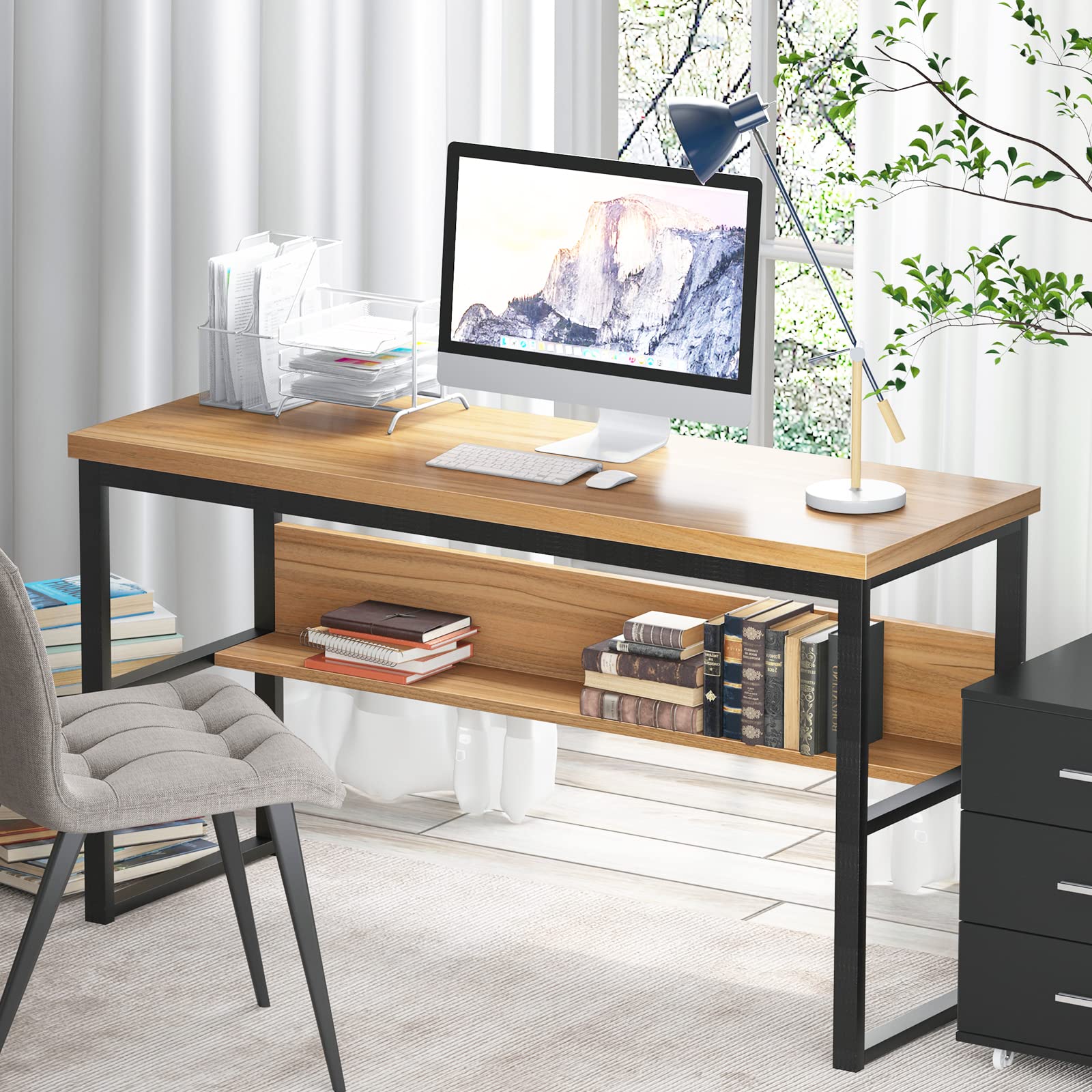 DlandHome 55 inch Computer Desk with Storage Shelf Underneath, Office Trestle Desk Desk, Writing Table Workstation Table with Bookshelf for Home Office, LD-JB01OK