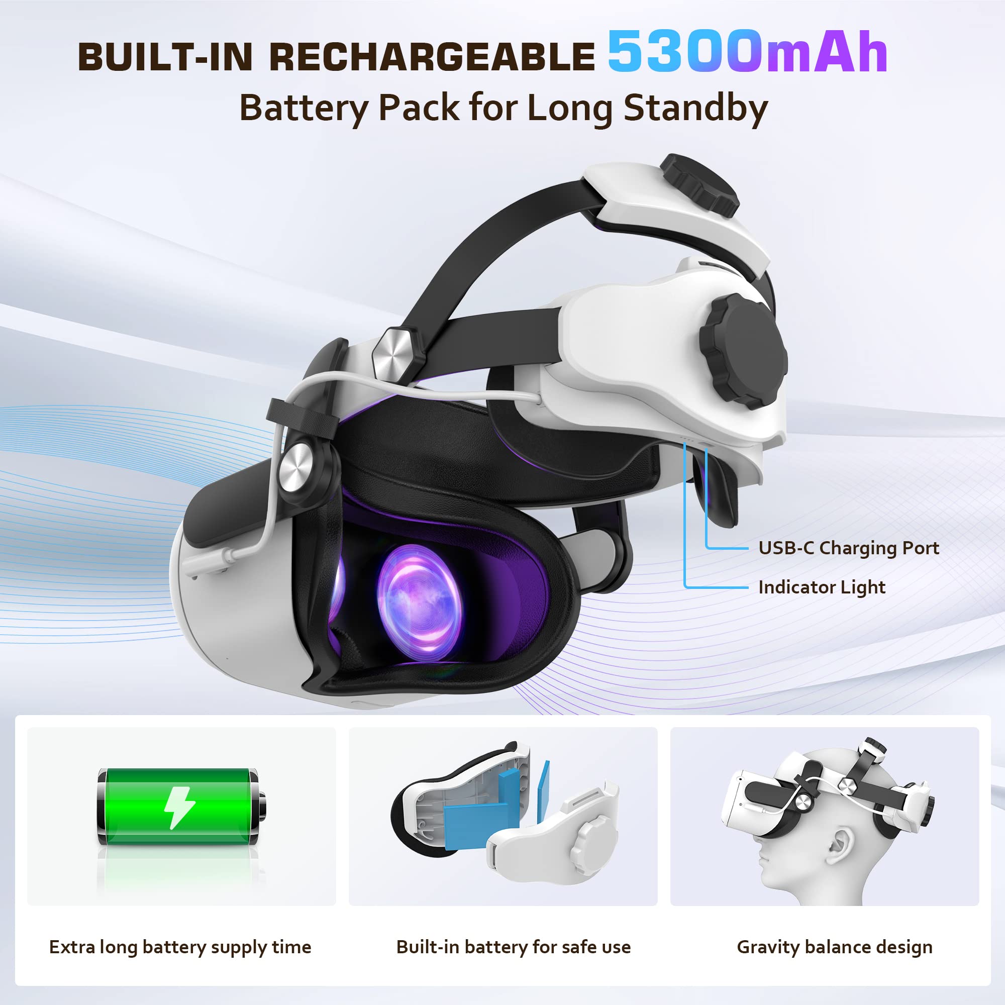 Head Strap for Meta/Oculus Quest 2 with 5300mAh Battery Pack, Rechargeable Power Bank Extend Playtime, Enhanced Support & Gaming Immersion & Balance Weight Design in VR Accessories for Adults & Kids