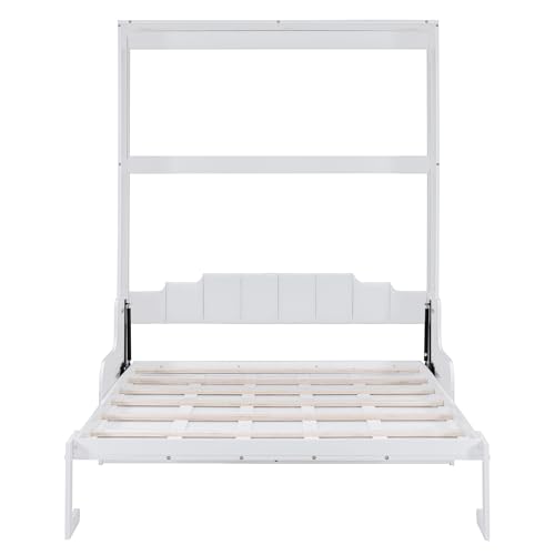 Murphy Bed Queen Murphy Bed with Cushion Under the Chair, Queen Size Murphy Bed Cabinet Bed, Wood Queen Wall Bed, Hidden Murphy Bed, Horizontal Murphy Bed for Guest Bedroom Apartment Studio Use, White