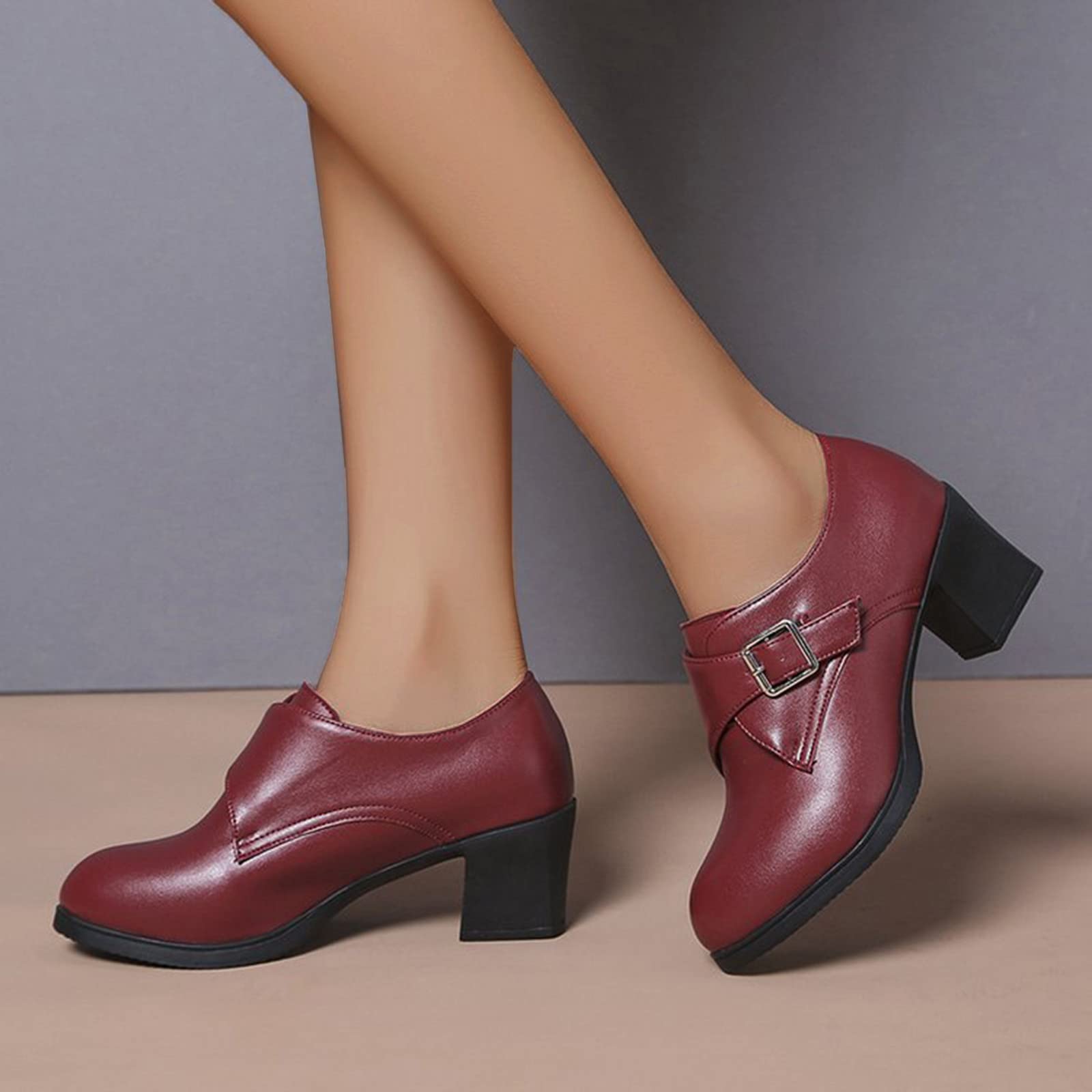 FASDNENDYS Ladies Fashion Solid Color Leather Belt Buckle Chunky High Heel Pumps Casual Shoes 2 Inch High Heels Wine