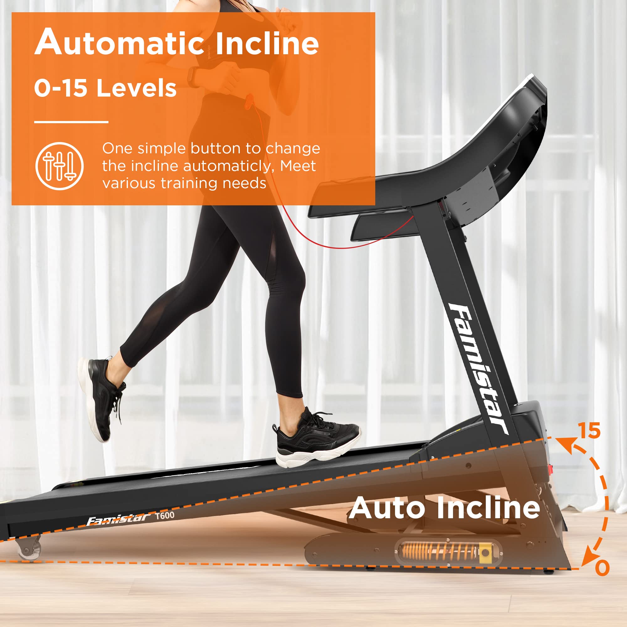 Famistar 3.25HP Folding Treadmill, 15% Auto Incline 300LBS Capacity Running Machine with LCD Display Smart Shock-Absorbing System, 12 Programs, Easy Assembly&Space Saving for Home Office Workout