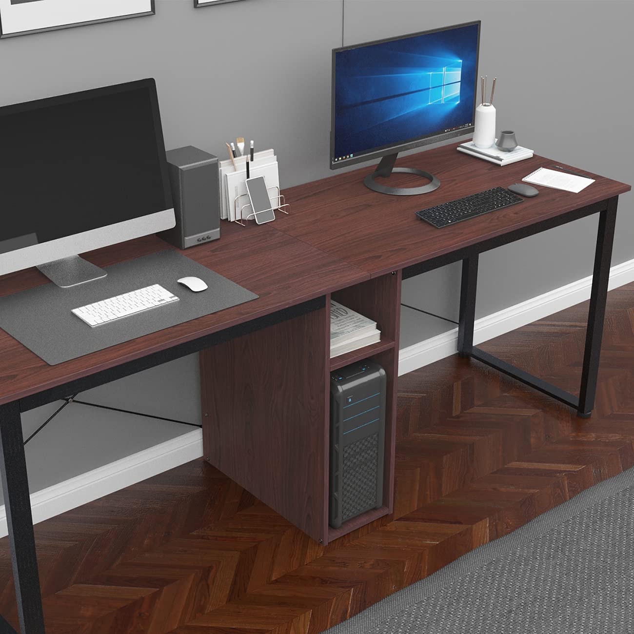 DlandHome Double Computer Storage Desk 78 inches Extra Large Home Office Desk Multifunction Gaming Table Workstation for Home Office, Walnut LD-H01WA